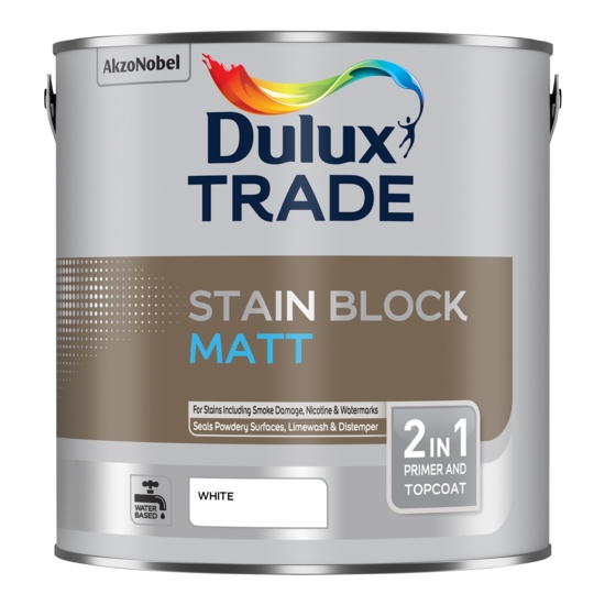 DULUX TRADE STAIN BLOCK MATT WHITE 2.5L - Winterstoke Decorators Supplies