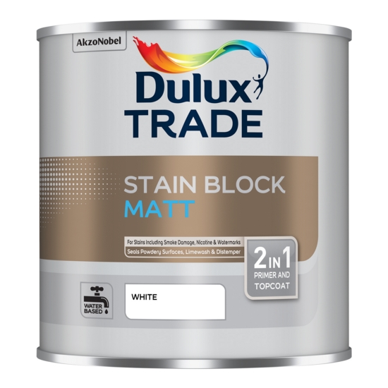 DULUX TRADE STAIN BLOCK MATT WHITE 1L - Winterstoke Decorators Supplies